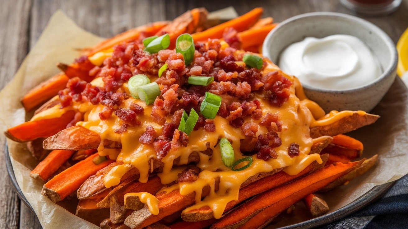 Cheesy Loaded Sweet Potato Fries - Courtneys World